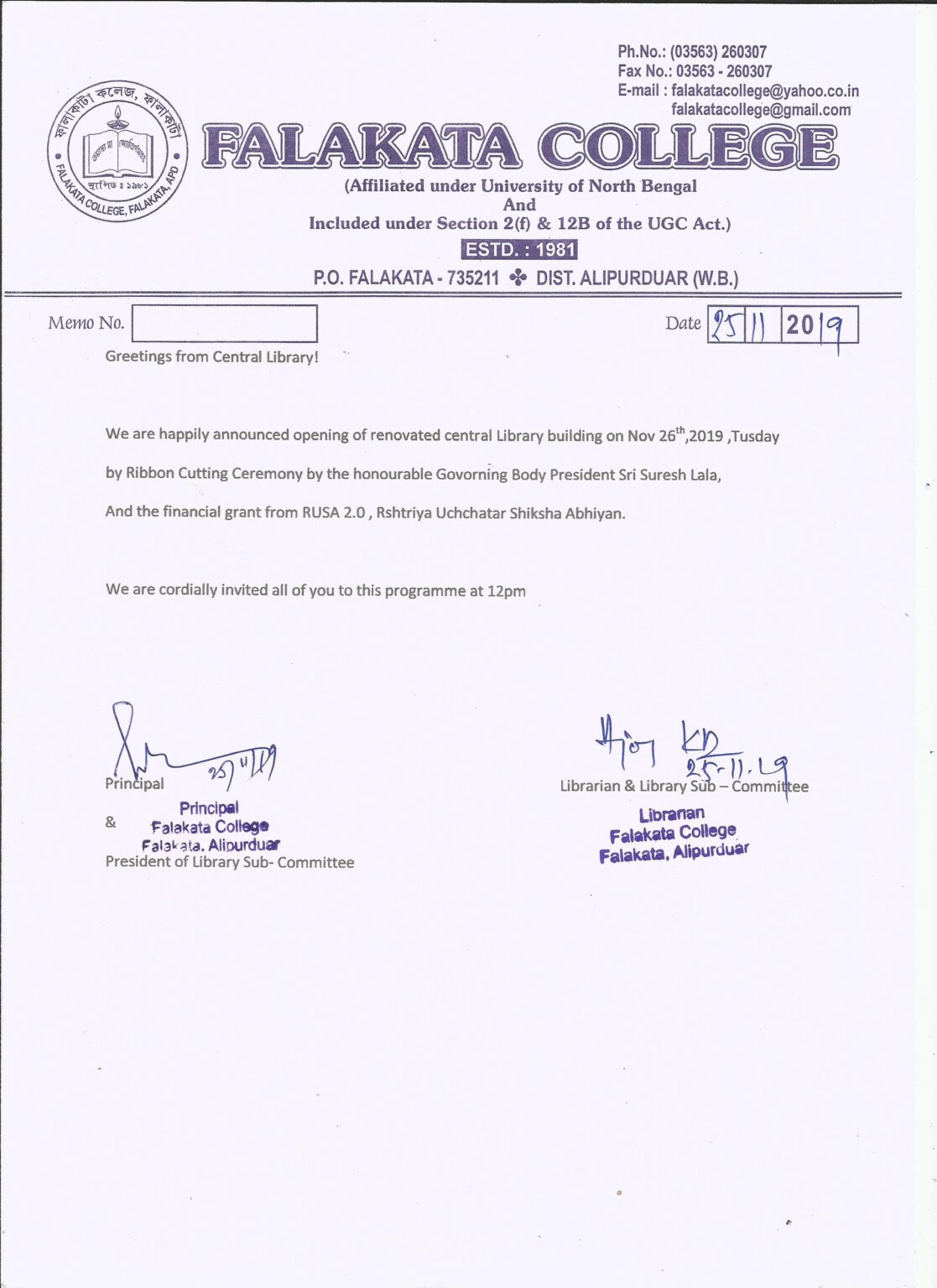 25-11-19 opening of renovated central library building – Falakata College